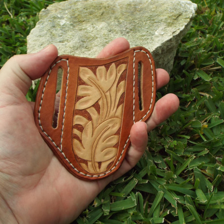 Tooled Pancake Knife Sheath - Canyon Tan with Tooled Leaf Design